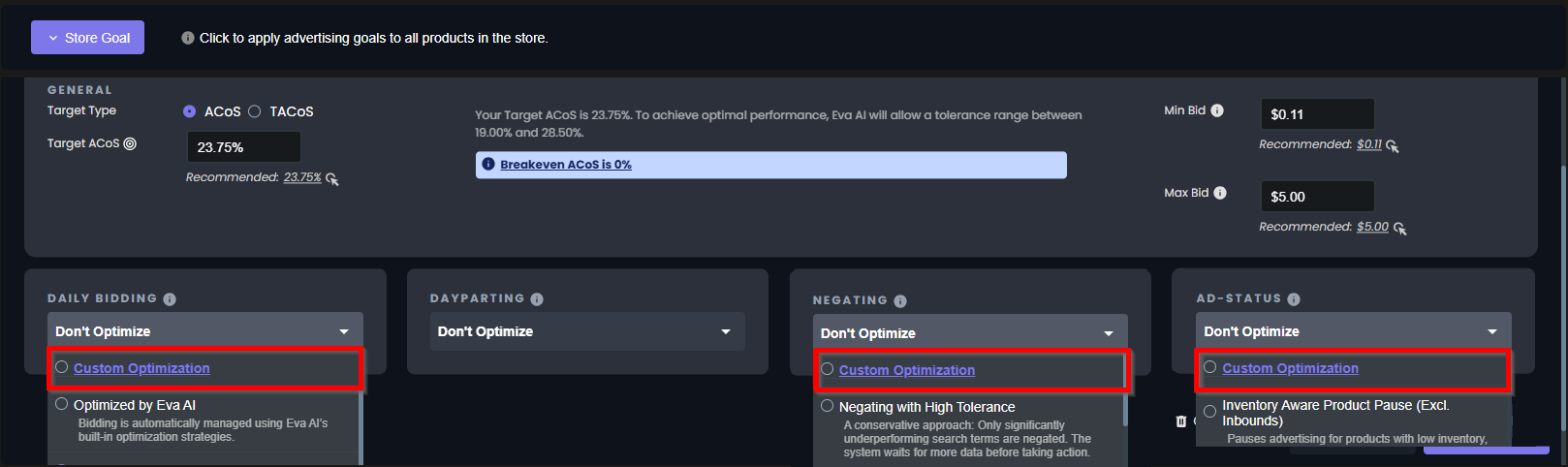 Custom Optimizations: Manage Your Advertising Goal Optimizations - Help Center | Eva